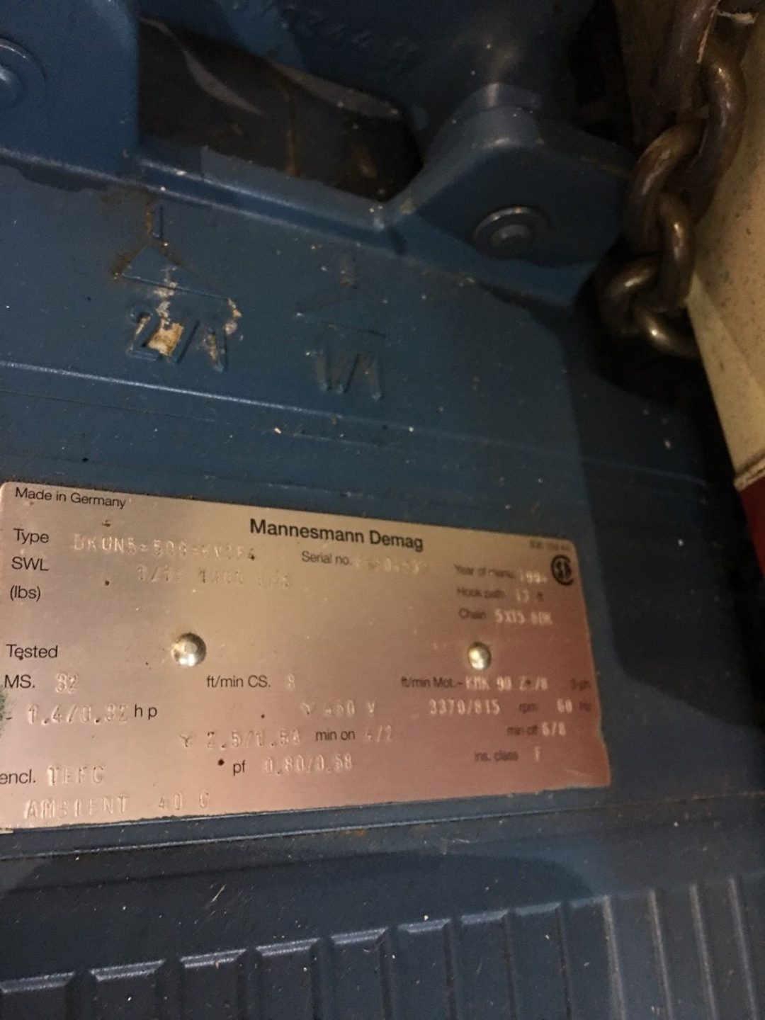 MANNESMANN DEMAG DEMATIC AG DKUN 5-500 KV1 F4 CHAIN HOIST 1 TON, 5X15 ...