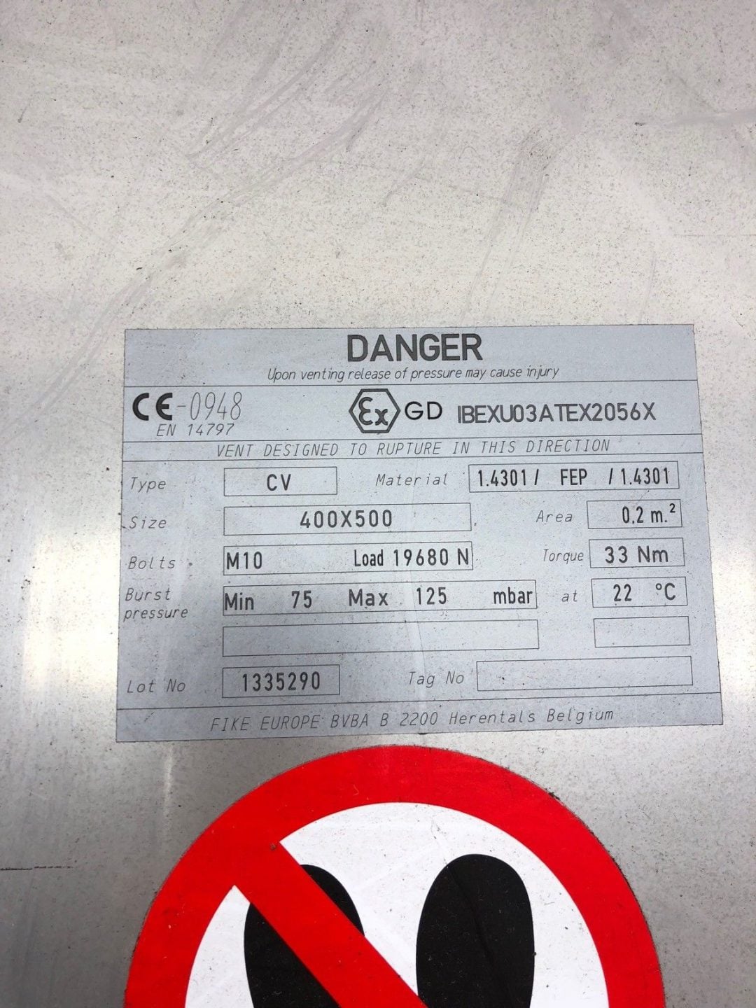 FIKE TYPE CV IBEXU03ATEX2056X EXPLOSION VENT W/ BURST INDICATOR 400 X ...