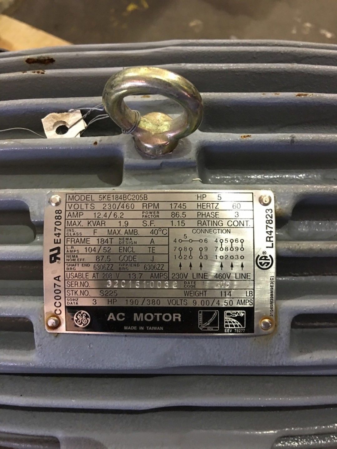 GE GENERAL ELECTRIC 5KE184BC205B AC MOTOR, 5HP 1745 RPM 230/460 VAC ...