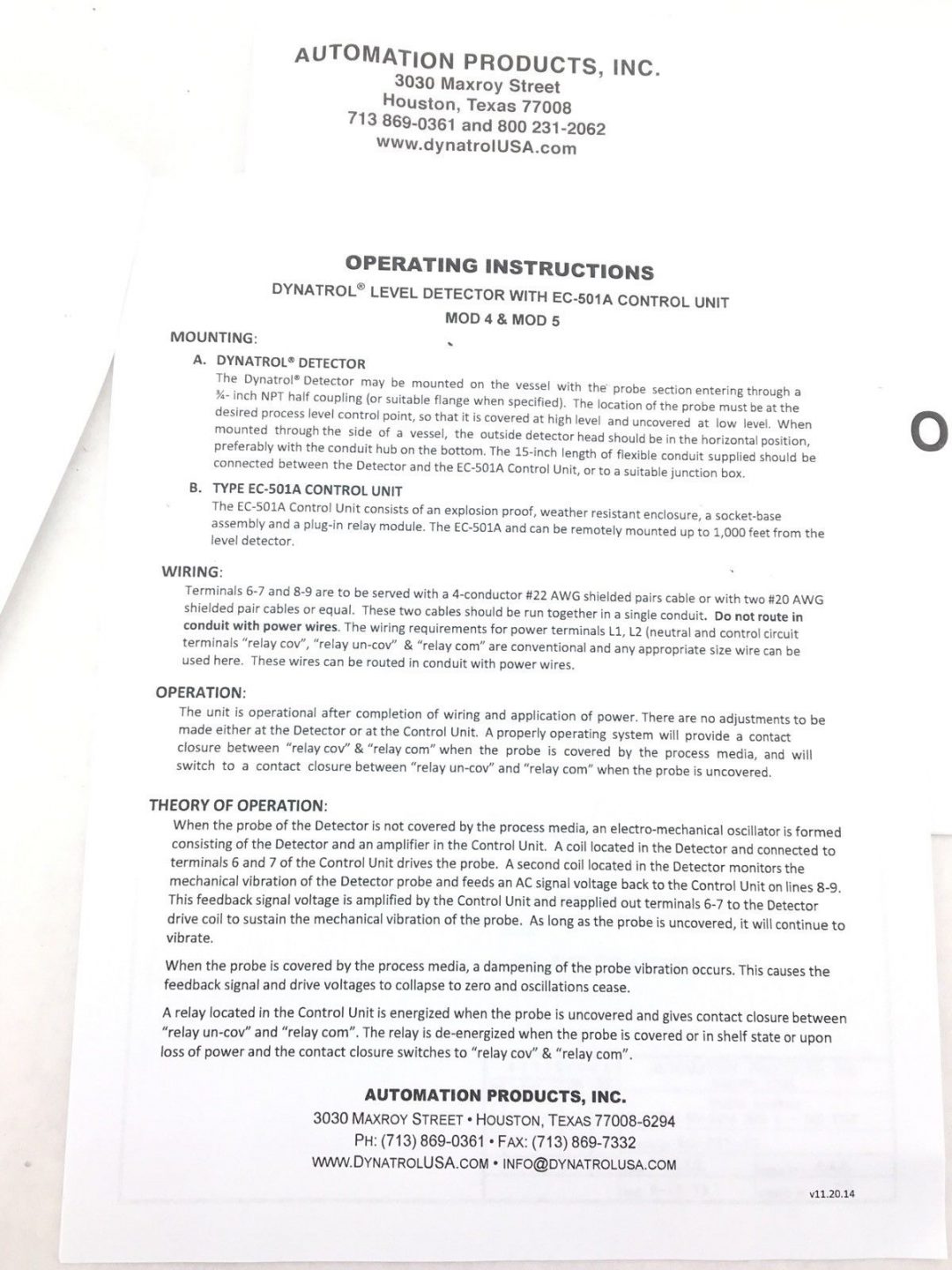 AUTOMATION PRODUCTS DYNATROL EC-501A & CL-10DJ-7 LEVEL DECTOR ASSEMBLY ...