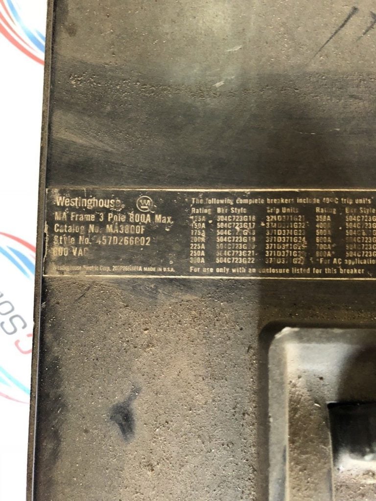 WESTINGHOUSE 3-POLE 800A CIRCUIT BREAKER MA FRAME MA3800F W/ 400A TRIP UNIT