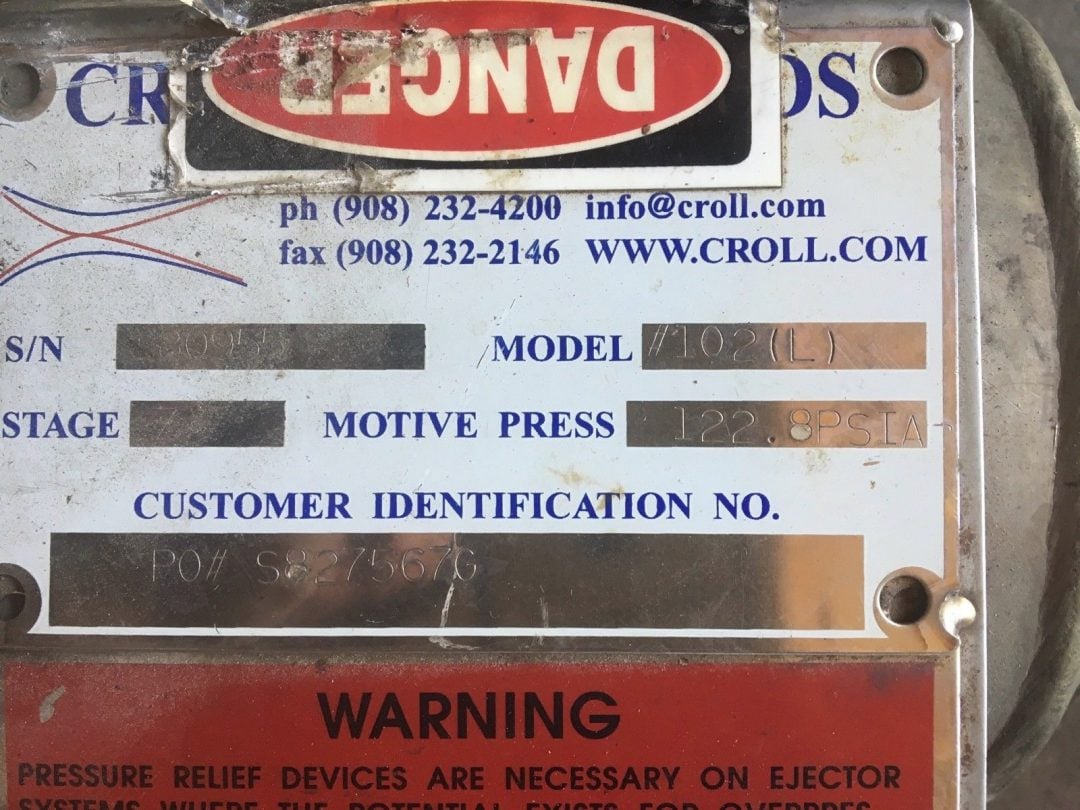 CROLL REYNOLDS EVACTOR AIR PUMP #102(L) 122.8 PSI MOTIVE PRESS