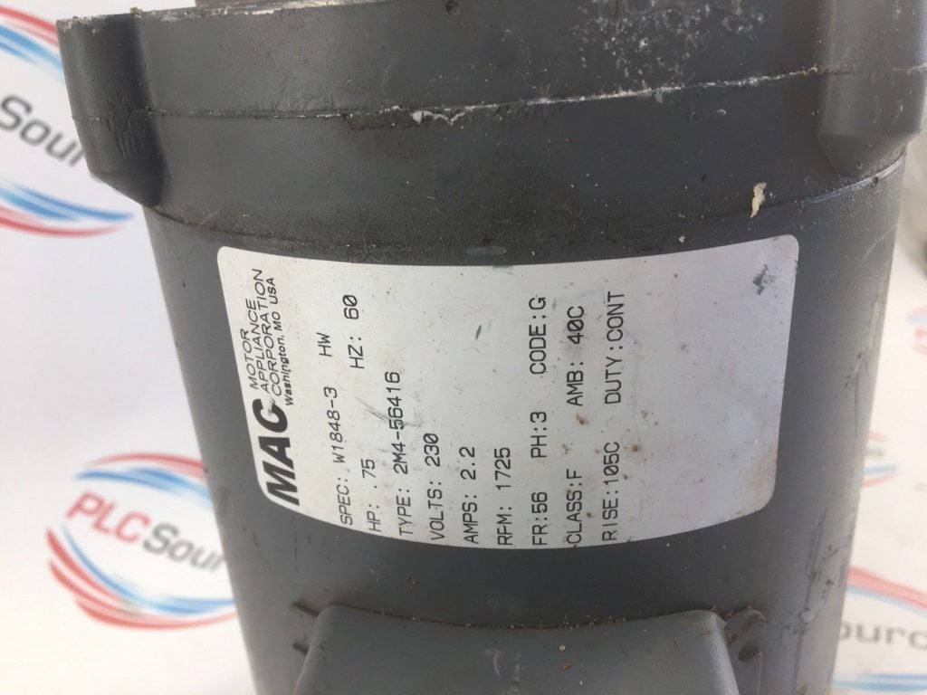 MOTOR APPLIANCE CORPORATION 2M4-56416 W1848-3 .75HP 60Hz 230V 2.2A ...