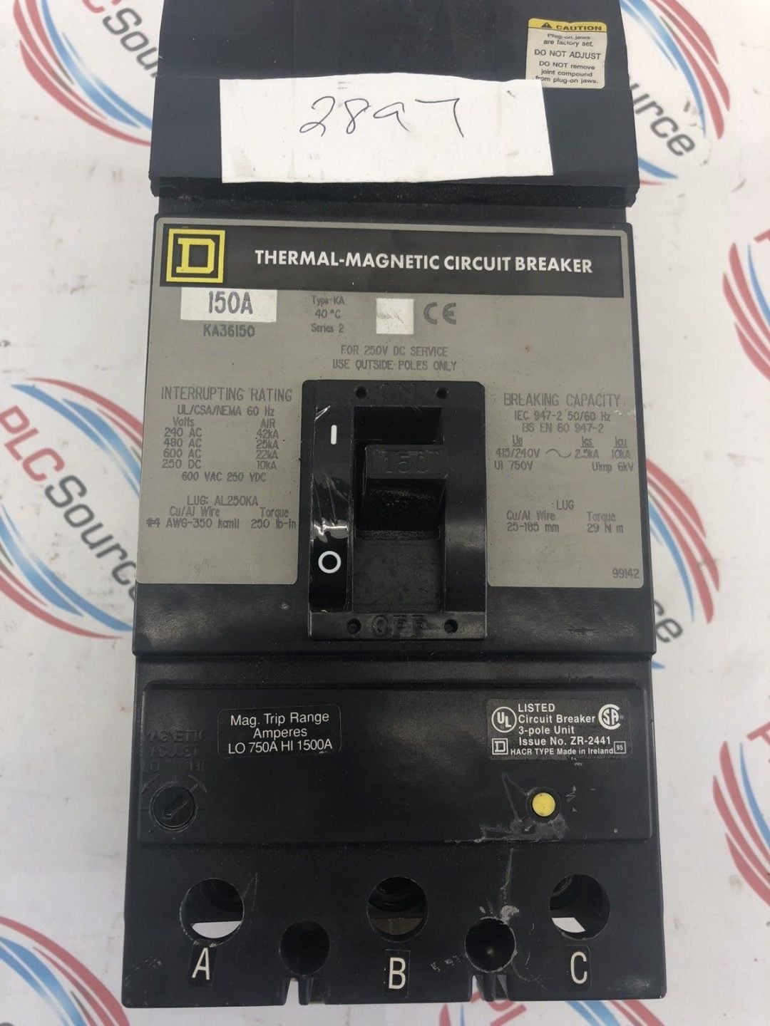 SQUARE D KA36150 150A 600VAC THERMAL MAGNETIC CIRCUIT BREAKER