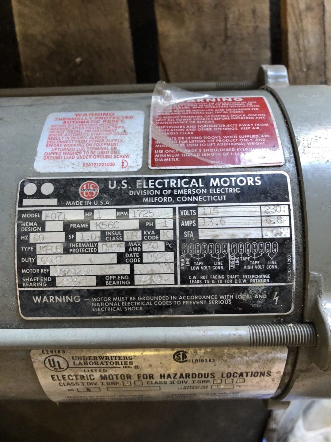 US ELECTRICAL MOTORS F071 MOTOR 1 HP 1725 RPM 1 PHASE K56C FRAME