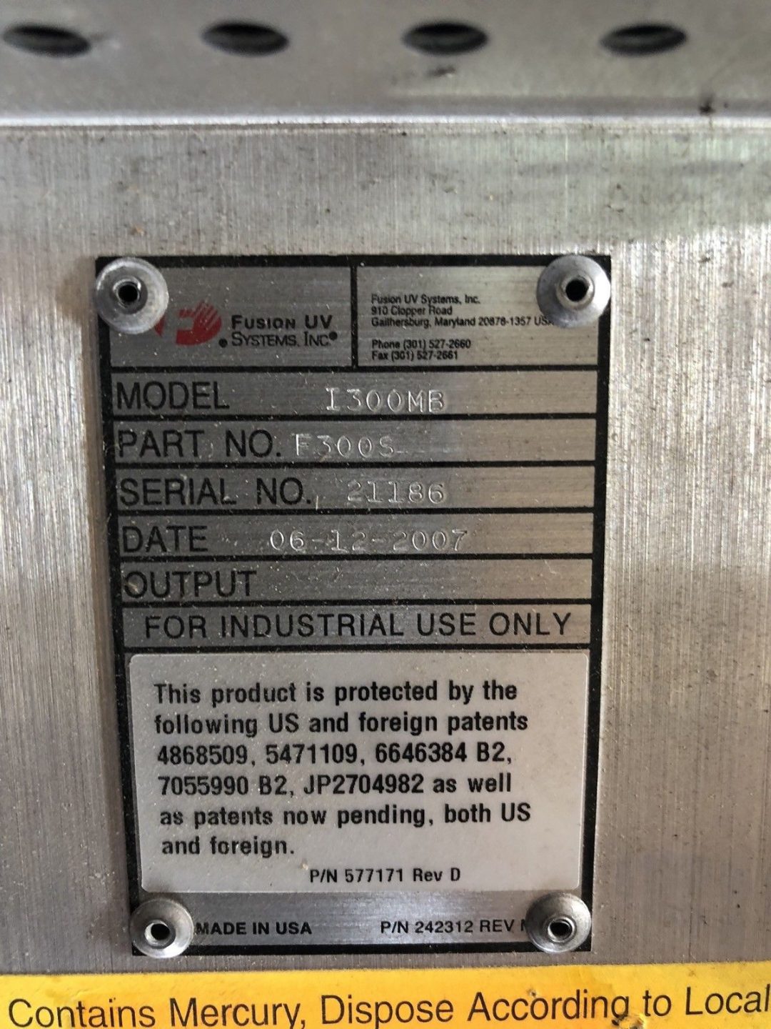 FUSION UV SYSTEMS INC. I300MB CURING IRRADIATOR