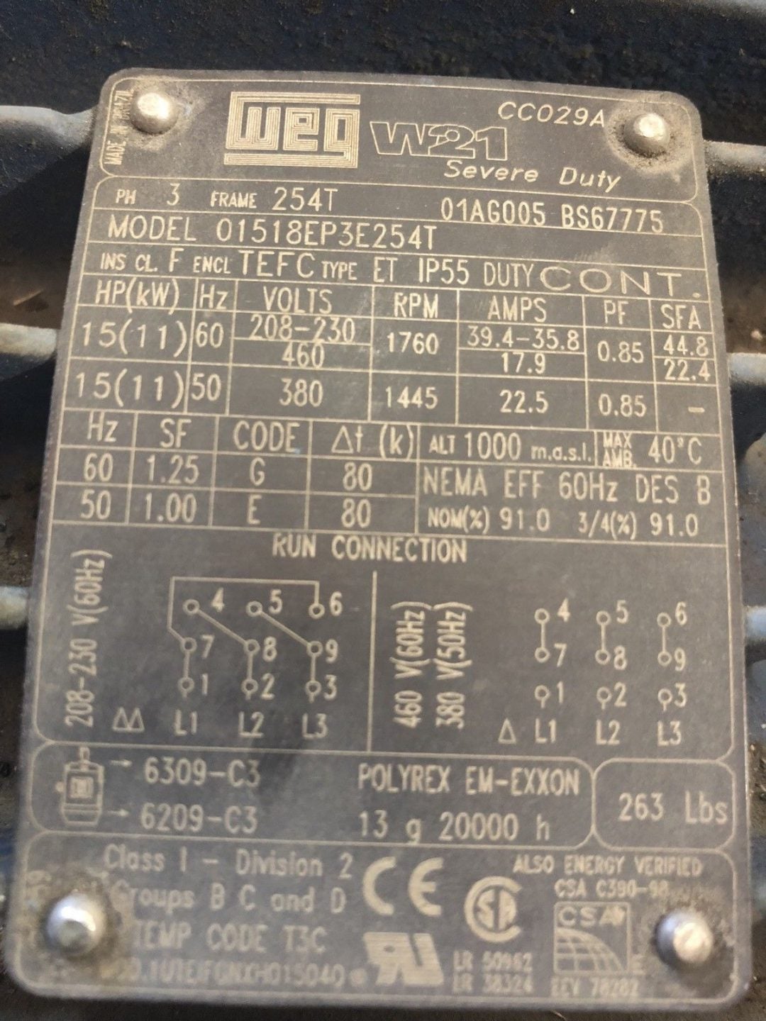 WEG 01518EP3E254T W21 SEVERE DUTY MOTOR RPM-1760 VOLTS 230/460 HP-15