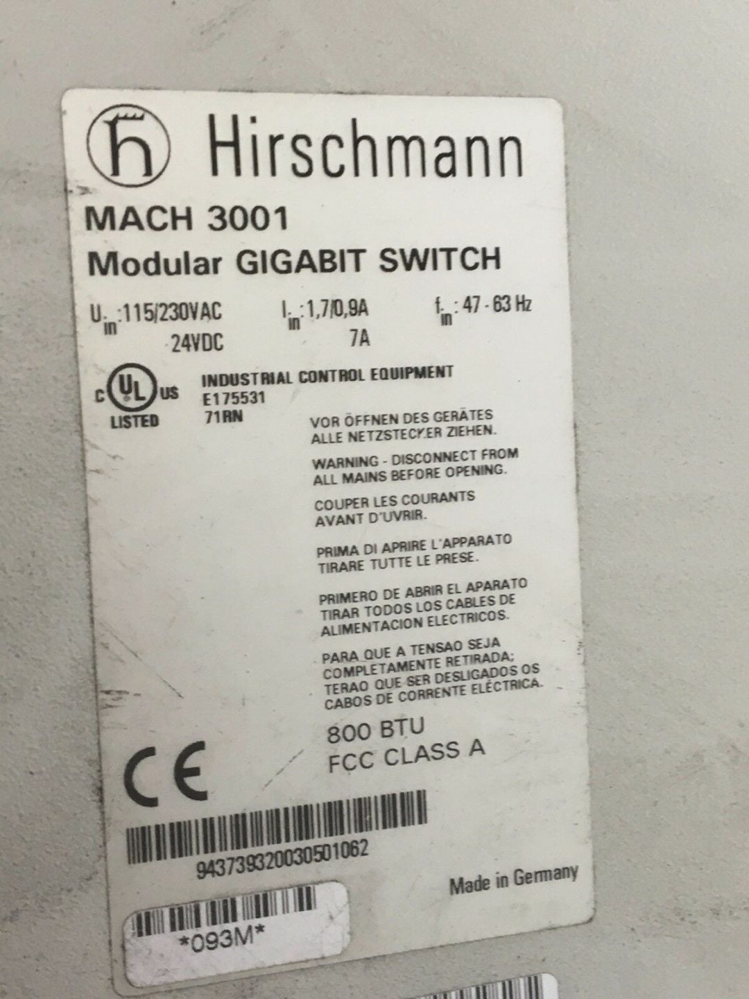 HIRSCHMANN MACH 3001 MODULAR GIGABIT SWITCH 943739320030501062