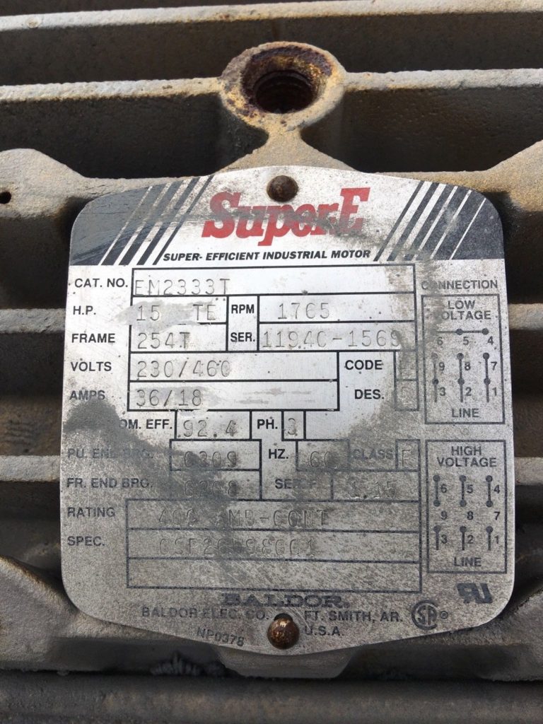 BALDOR SUPER E EM2333T 15 HP, 1765 RPM 3 PHASE ELECTRIC MOTOR, (CONNEX)