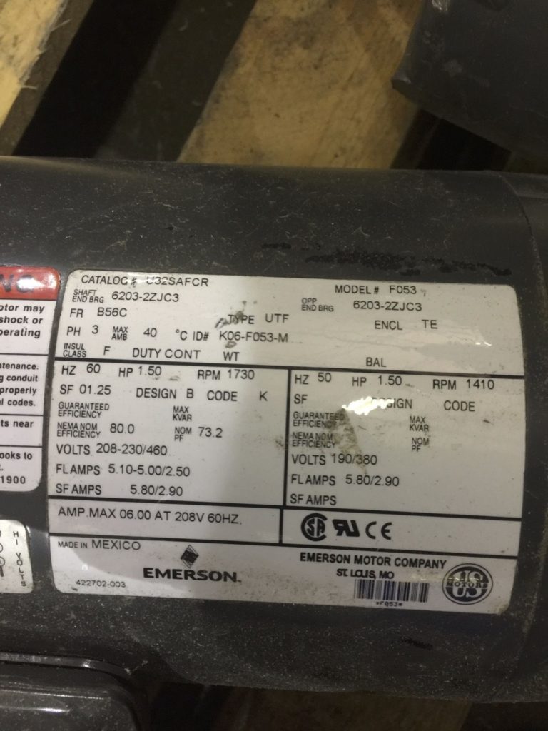 EMERSON U32SAFCR 1.5hp, MODEL F053 RPM 1730/1410 3 PHASE MOTOR FRAME ...