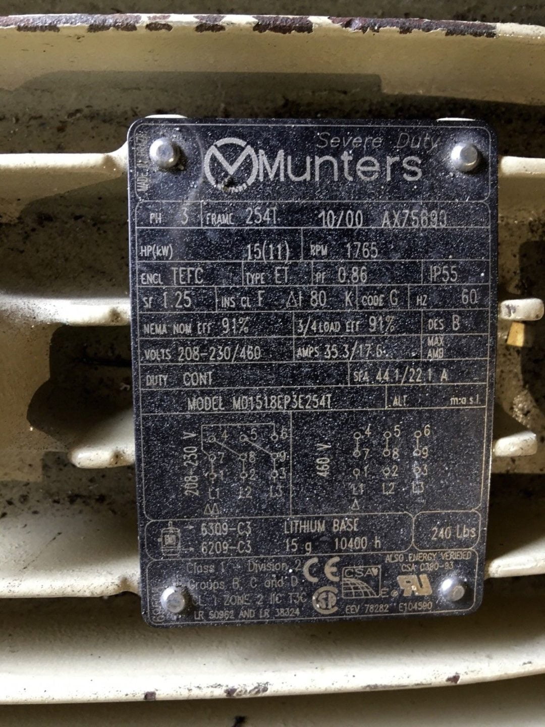 MUNTERS M01518EP3E254T, 3 PH, 15HP, 1765 RPM, 208-230/460 VAC MOTOR, CONNEX