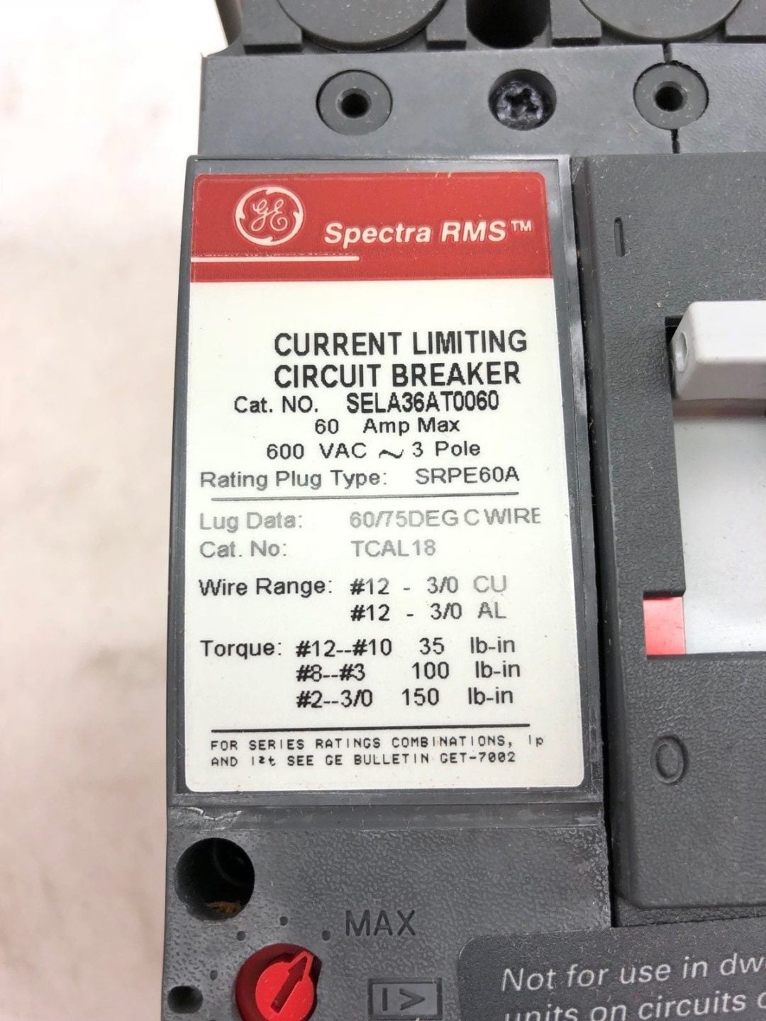 GENERAL ELECTRIC SELA36AT0060 60A 600VAC SPECTRA RMS CIRCUIT BREAKER (B452)